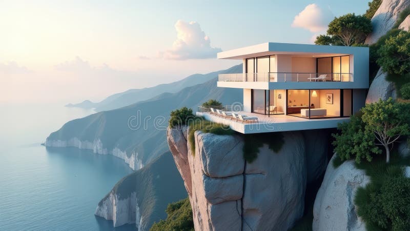 Cliffside Modern Dream Home with Ocean View Stock Illustration ...