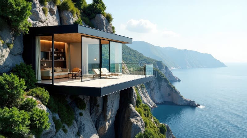 Cliffside Modern House with Ocean View Stock Illustration ...