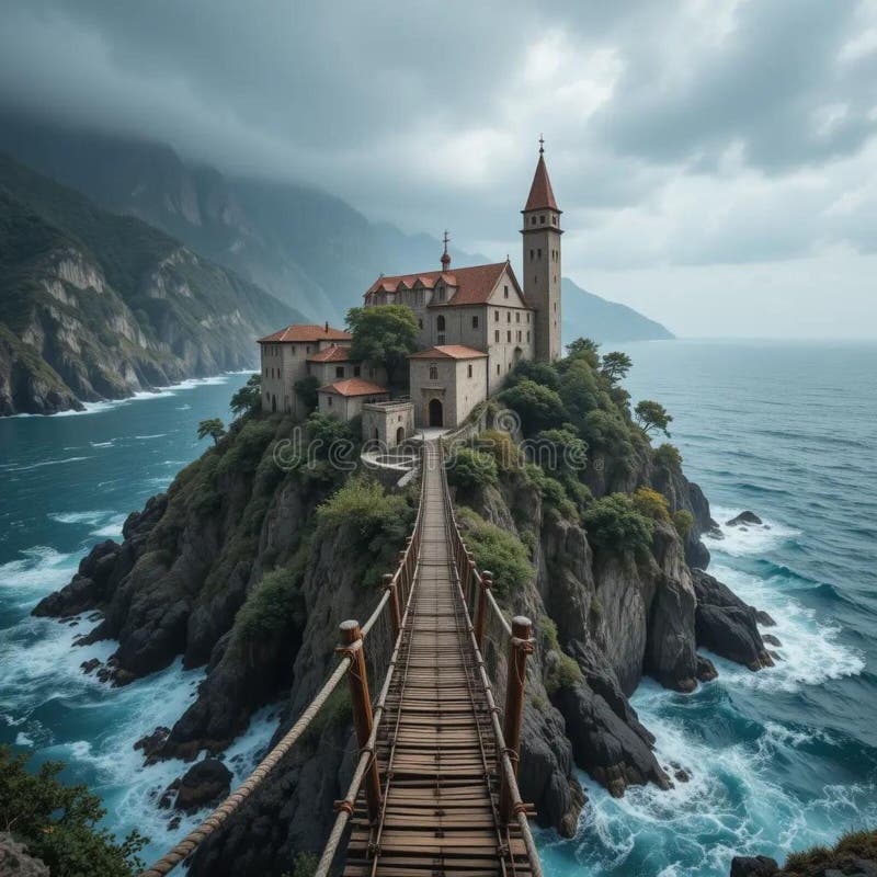 Cliffside Monastery Over Stormy Seas Reached by a Precarious Rope ...