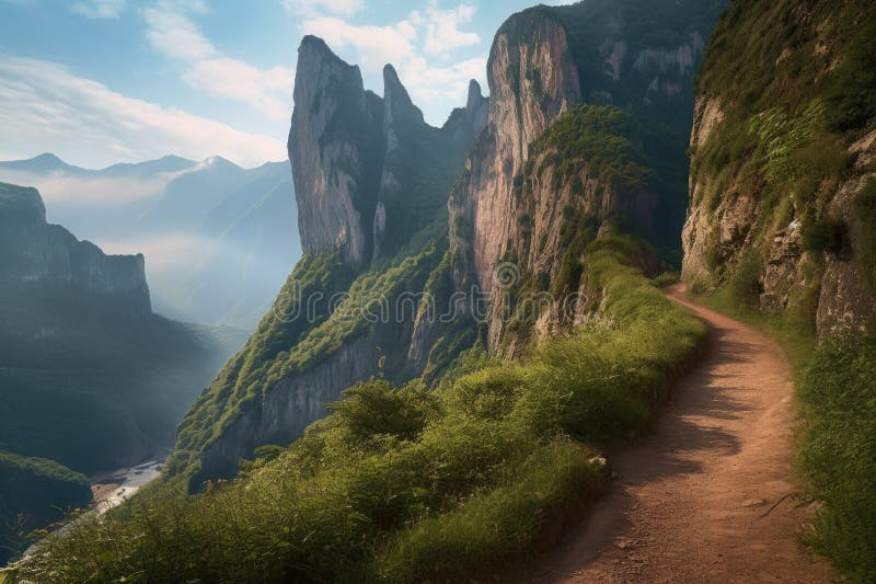 Cliffside Path with Dramatic Mountain Backdrop Stock Illustration ...