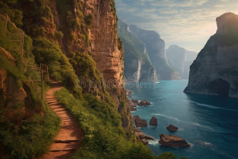 Cliffside Path with Dramatic Mountain Backdrop Stock Illustration ...