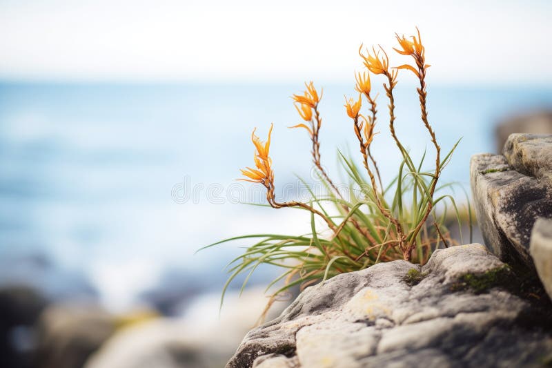 Cliffside Plants Clinging To Rocks with Ocean Backdrop Stock Image ...
