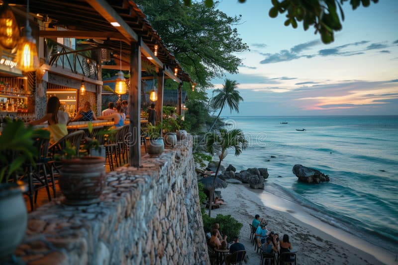 Cliffside Restaurant with Bar, People, Ocean View Stock Illustration ...