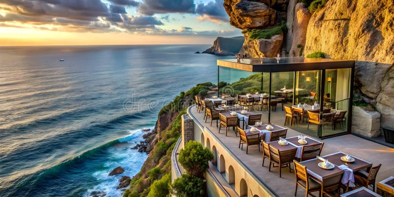 A Cliffside Restaurant with Panoramic Ocean Views Stock Illustration - Illustration of coastal ...