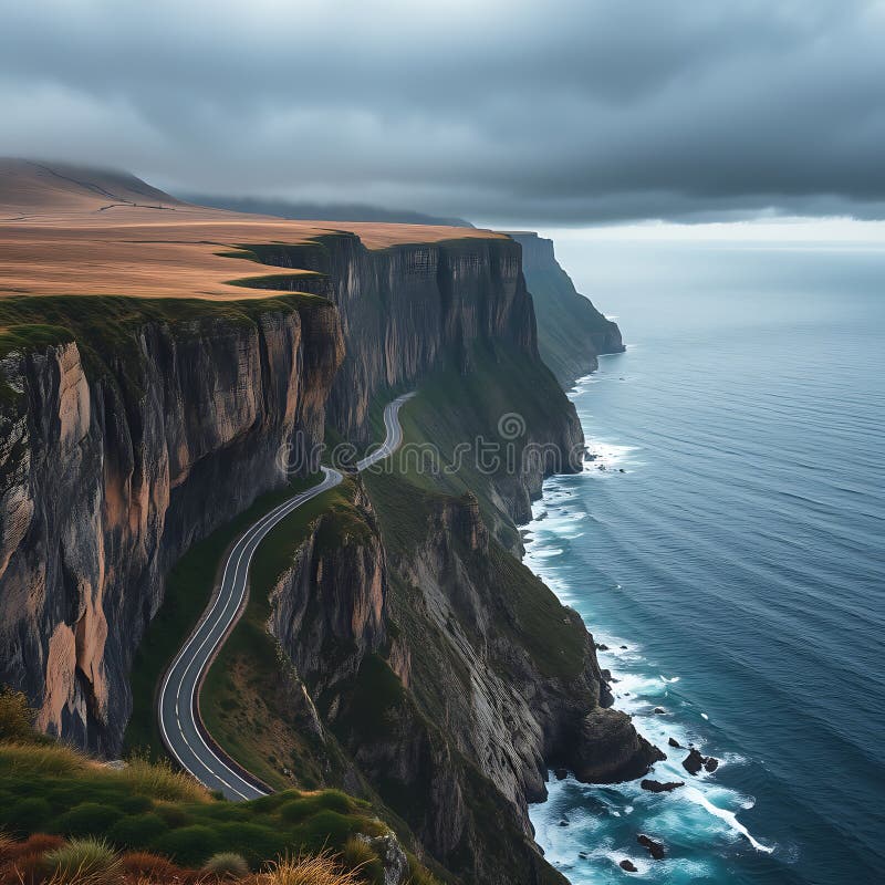 A Cliffside Road Winding Along the Edge of a Dramatic Coastal Landscape ...