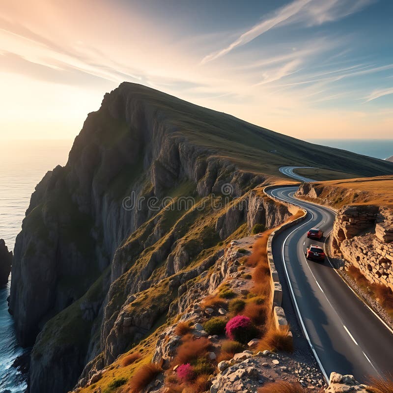 A Cliffside Road Winding Along the Edge of a Dramatic Coastal Landscape ...