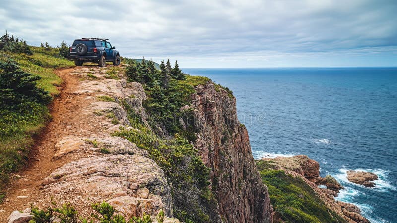Cliffside Trail Above Ocean, Off-road SUV Driving Along Edge, Dramatic ...