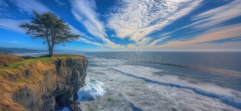 Cliffside Tree Overlooking Ocean Waves, Dramatic Sky, Coastal Landscape ...