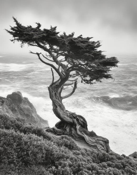 A Cliffside Tree is Windswept and Overlooks a Black and White Ocean ...
