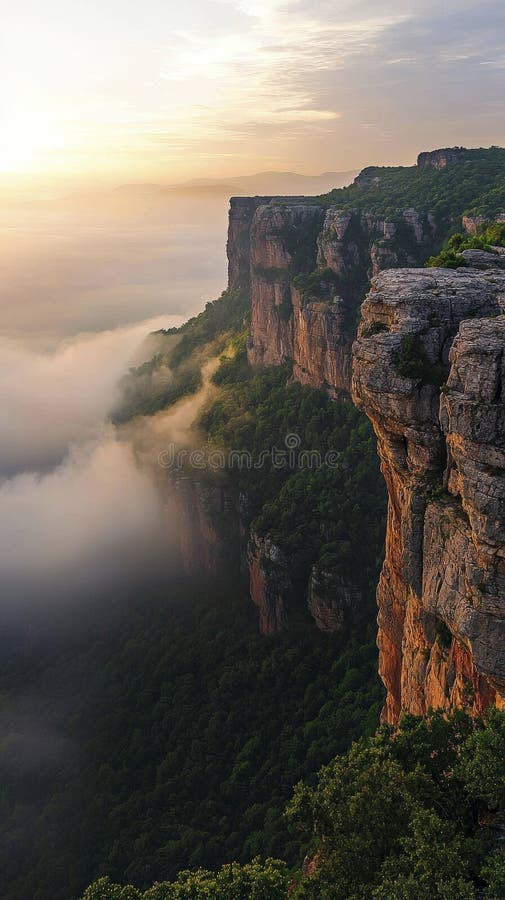 Cliffside View with Fog Enveloping Surrounding Forest Stock ...
