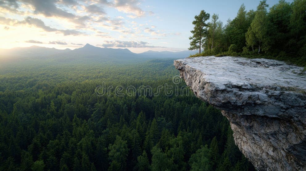 Cliffside View of Forest and Mountains at Sunset Stock Illustration ...