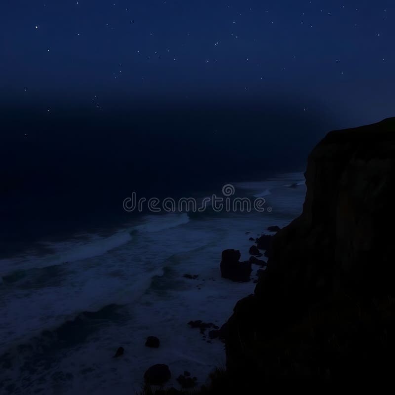 A Cliffside View of the Ocean at Night, with Waves Sparkling Under ...