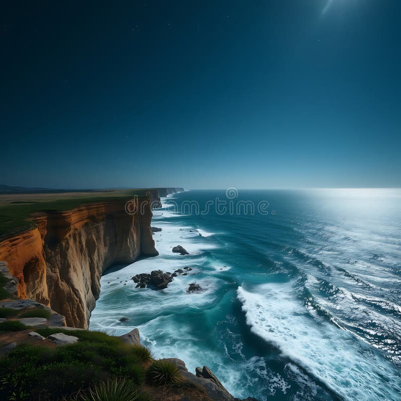 A Cliffside View of the Ocean at Night, with Waves Sparkling Under ...