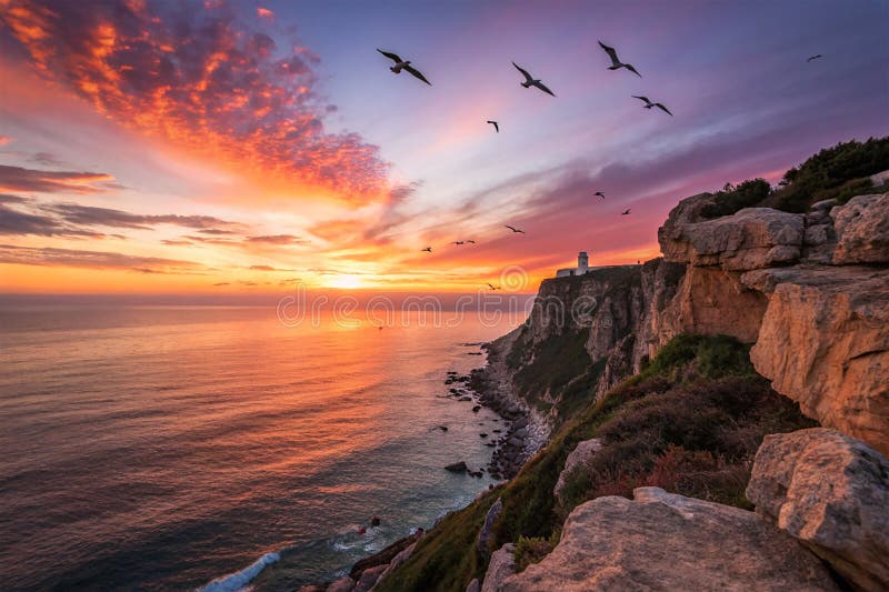 Cliffside View of an Ocean Sunset Stock Illustration - Illustration of ...