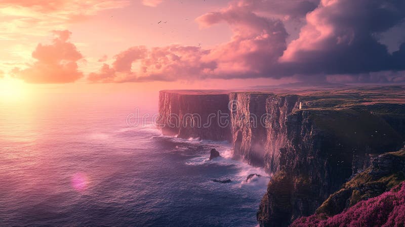 A Cliffside View Overlooking a Vast Ocean Under a Pink Sunset Sky Stock ...