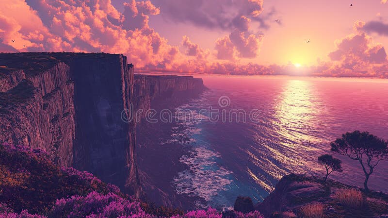 A Cliffside View Overlooking a Vast Ocean Under a Pink Sunset Sky Stock ...