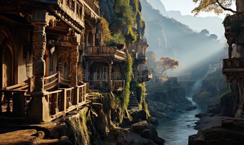 Cliffside Village with River Stock Image - Image of residential ...