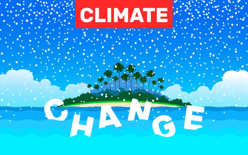 Climate Change Banner Design with Tropical Island in Ocean and Falling ...