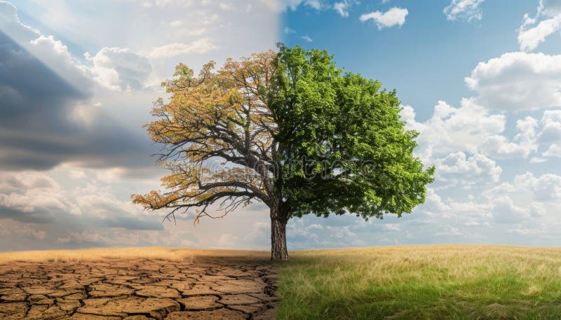 Climate Change Concept with Half Dead Tree and Lush Greenery Stock ...