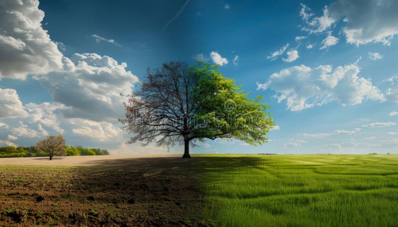 Climate Change Concept with Half Dead Tree and Lush Greenery Stock ...