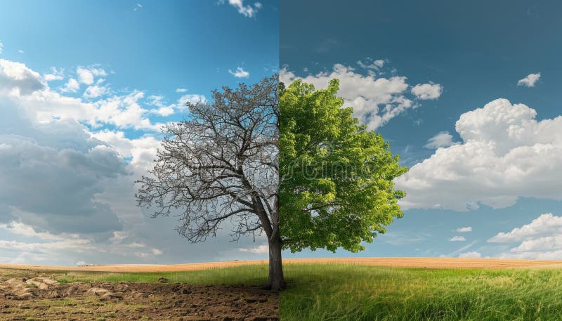 Climate Change Concept with Half Dead Tree and Lush Greenery Stock ...