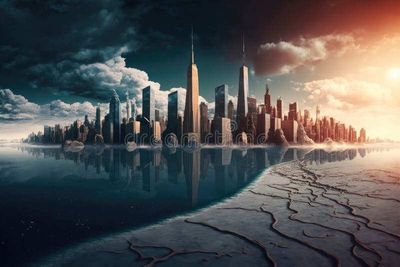 Climate Change in Front of Athe Skyline of a Futuristic City Created ...