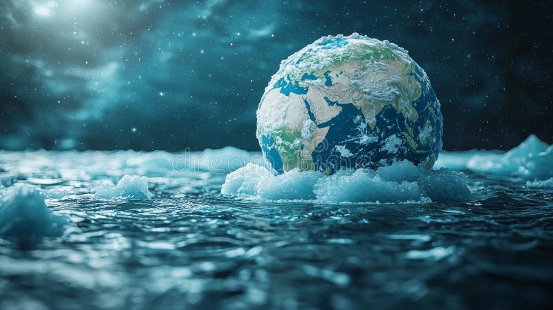 Climate Change and Global Warming Represented by a World Map Ice ...