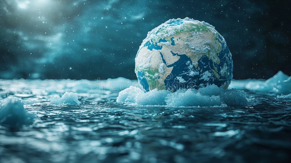 Climate Change and Global Warming Represented by a World Map Ice ...