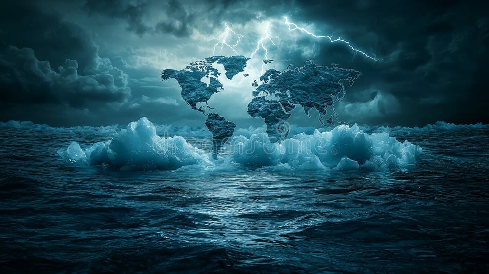 Climate Change and Global Warming Represented by a World Map Ice ...