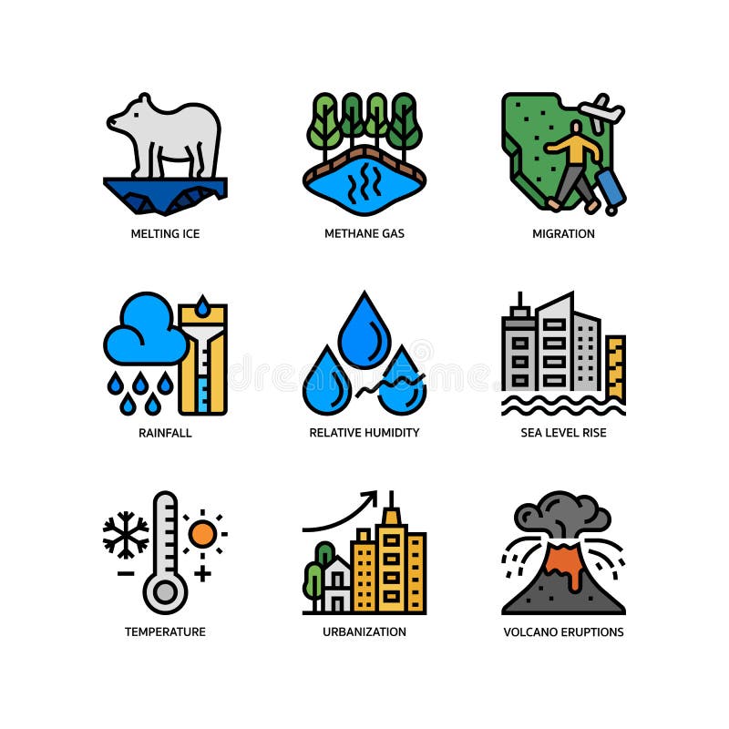 Climate Change icons set stock vector. Illustration of volcano - 205759233