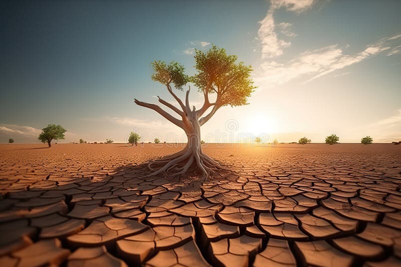 Climate Change Impact Cracked Earth and Wilted Tree Revealing Severe ...