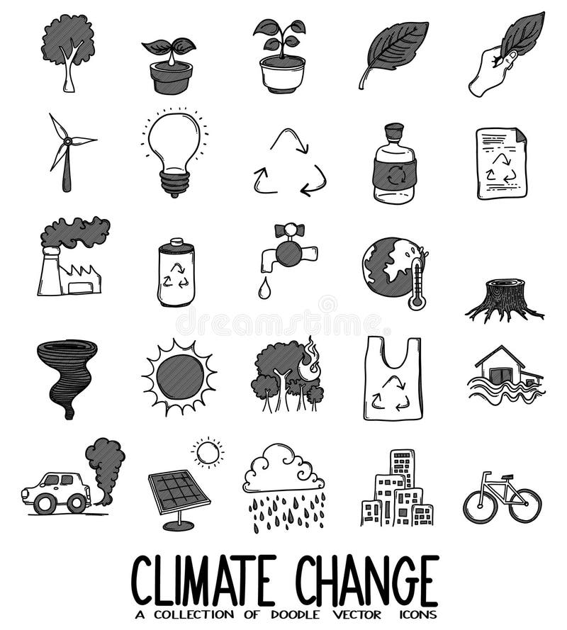 Climate Change Related Doodle Vector Icon Set. Drawing Sketch ...