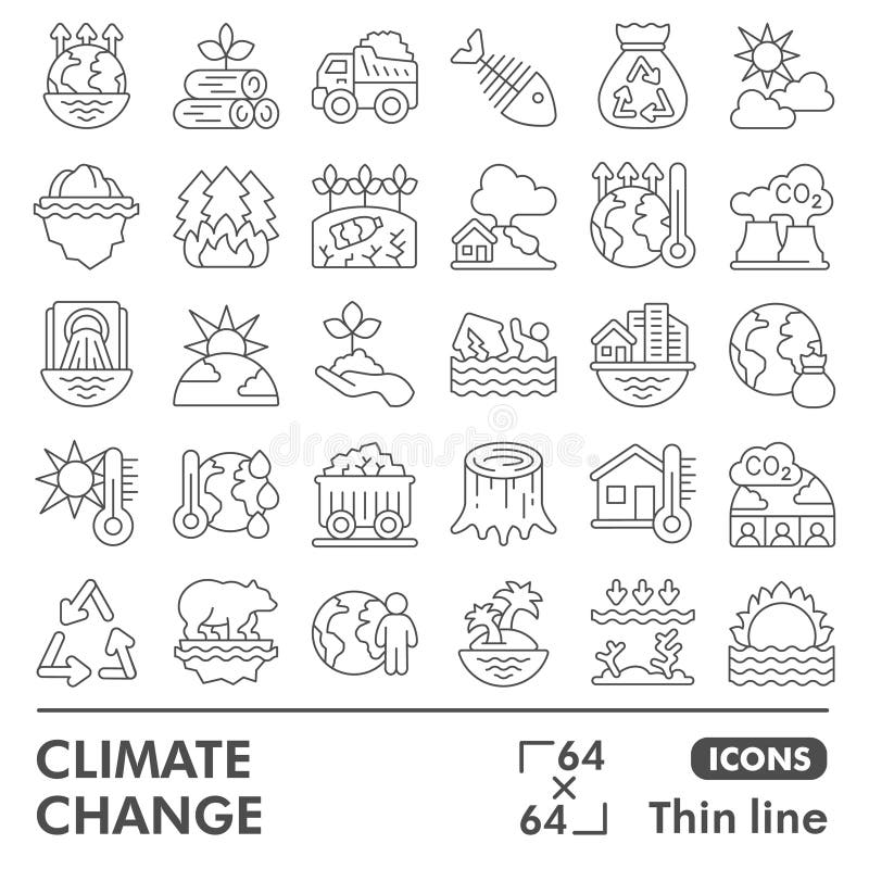 Climate Change Symbols Collection or Sketches, Atmosphere Theme in Thin ...