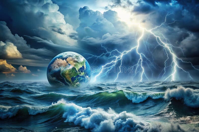 Climate Crisis. Thunder and Lightning Clouds. High Wavy Sea and Earth Globe in Sea Stock ...