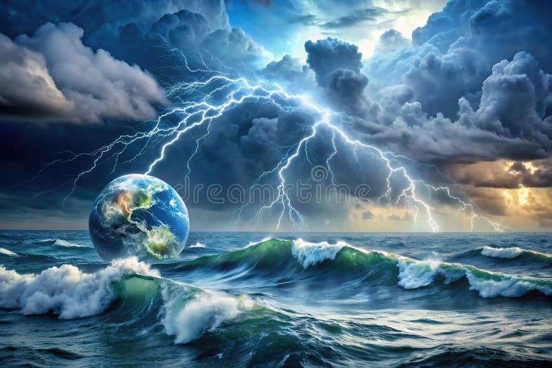 Climate Crisis. Thunder and Lightning Clouds. High Wavy Sea and Earth ...
