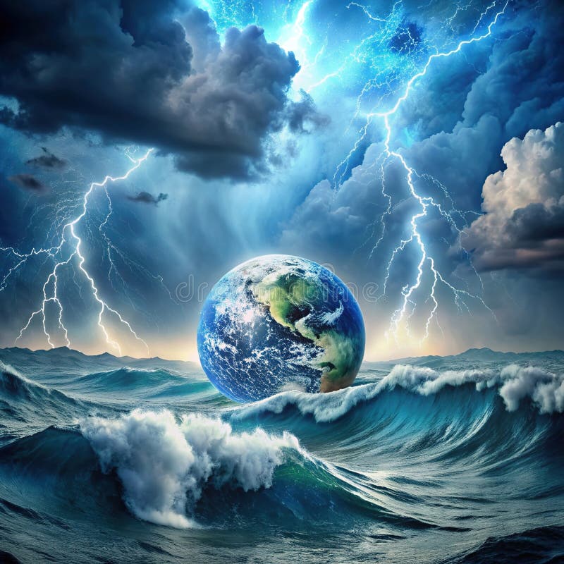 Climate Crisis. Thunder and Lightning Clouds. High Wavy Sea and Earth ...