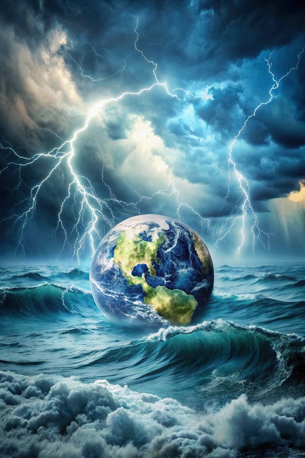 Climate Crisis. Thunder and Lightning Clouds. High Wavy Sea and Earth ...