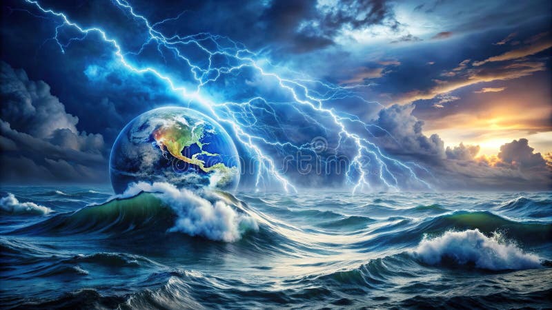 Climate Crisis. Thunder and Lightning Clouds. High Wavy Sea and Earth ...