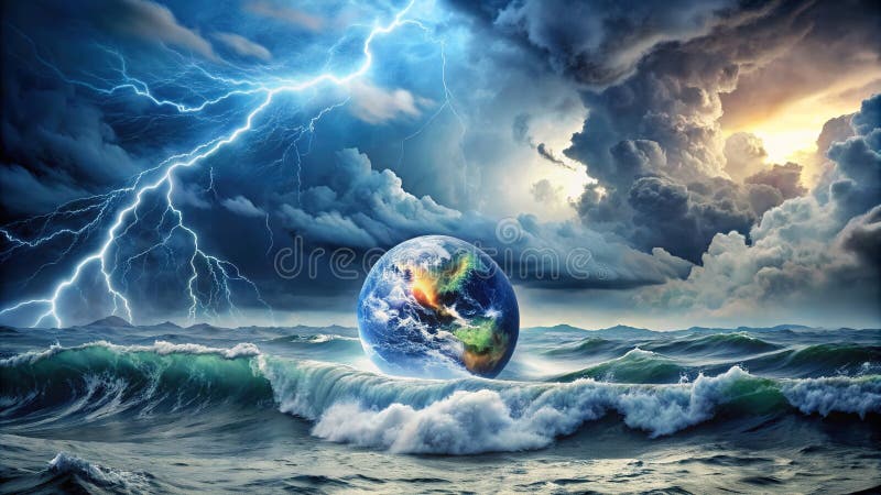 Climate Crisis. Thunder and Lightning Clouds. High Wavy Sea and Earth ...