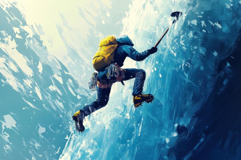 Climber Ascending a Blue Ice Wall with an Ice Axe Stock Illustration ...
