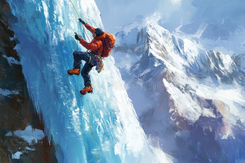 Climber Ascending a Blue Ice Wall in a Snowy Mountain Range Stock ...