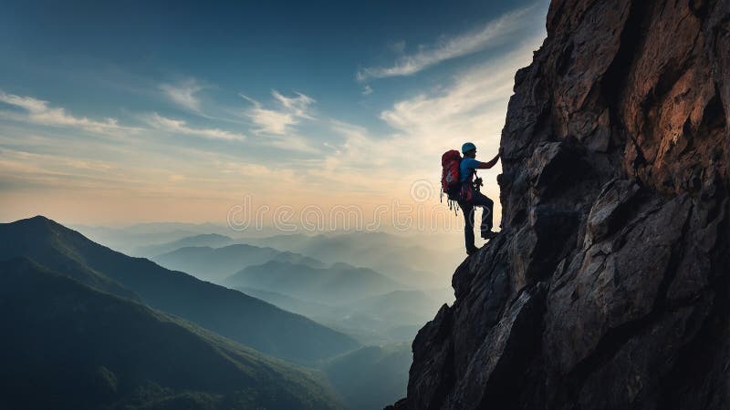 Climber Ascending a Mountain at Sunrise with Stunning Background Stock ...