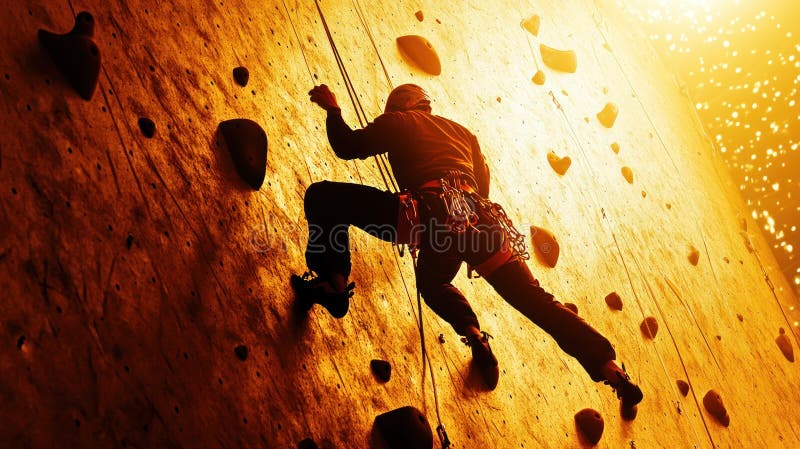 Climber Ascending a Rock Wall in Dramatic Lighting Stock Illustration ...