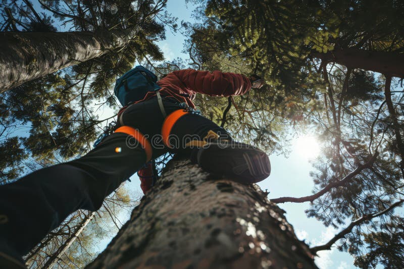 Climber Ascending Tall Tree in Forest Under Bright Sunny Sky during ...