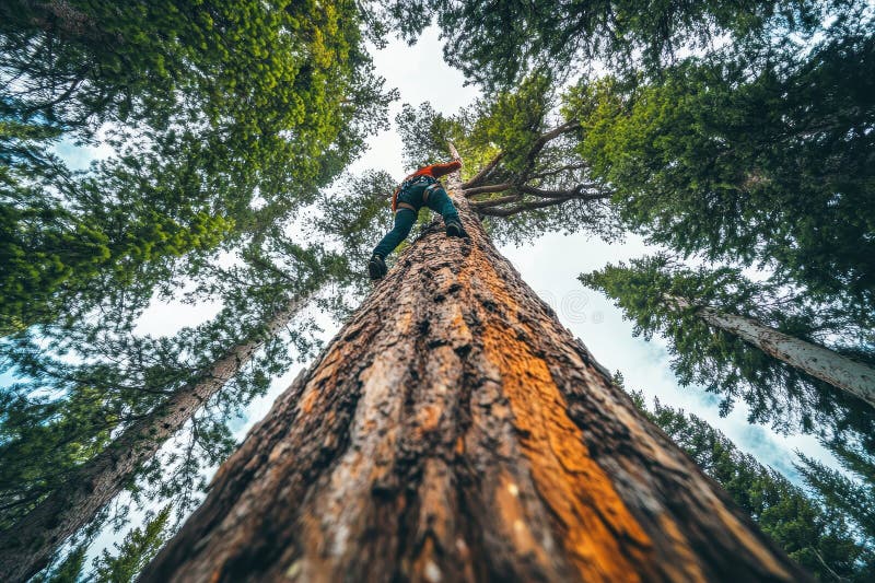 A Climber Ascending a Tall Tree Trunk in a Forest Stock Illustration ...