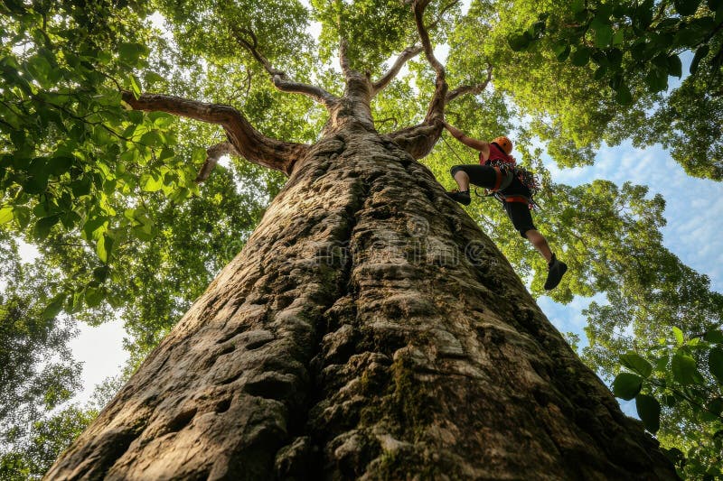 Climber Ascending a Tall Tree Trunk in a Lush Forest Stock Illustration ...
