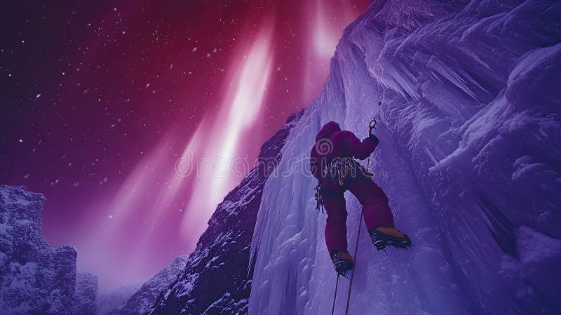 Climber Ascends Icy Cliff, Aurora Borealis Backdrop Stock Image - Image ...