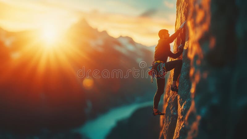 Climber Ascends a Rock Face at Sunset, Showcasing Determination Against ...