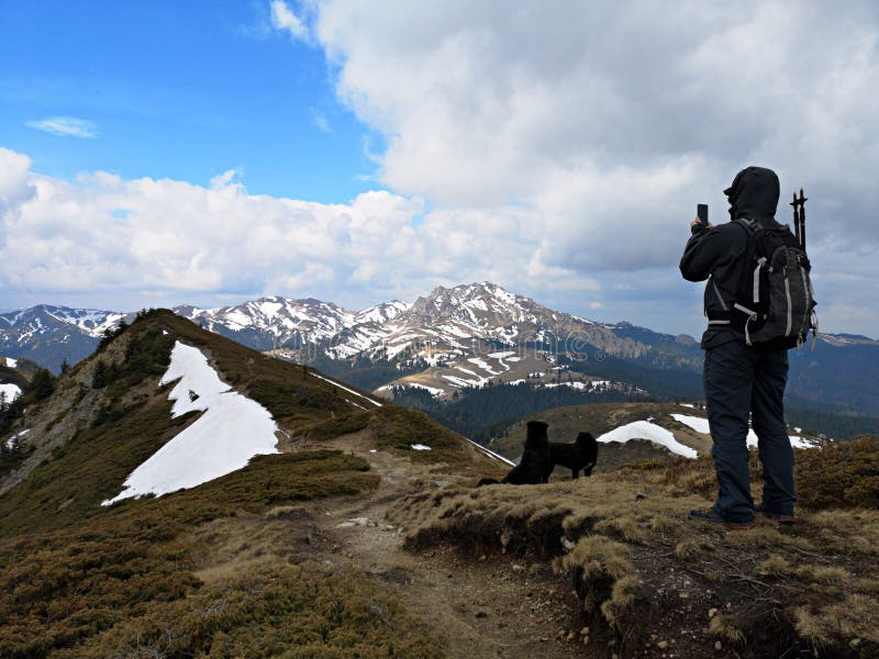 Man and Dogs Climbing Mountains Stock Image - Image of active, extreme ...