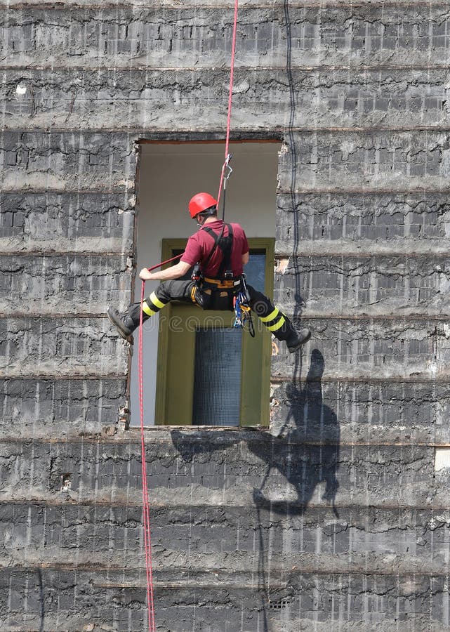 Climber Firefighter Rappelling the Wall Editorial Stock Photo - Image ...